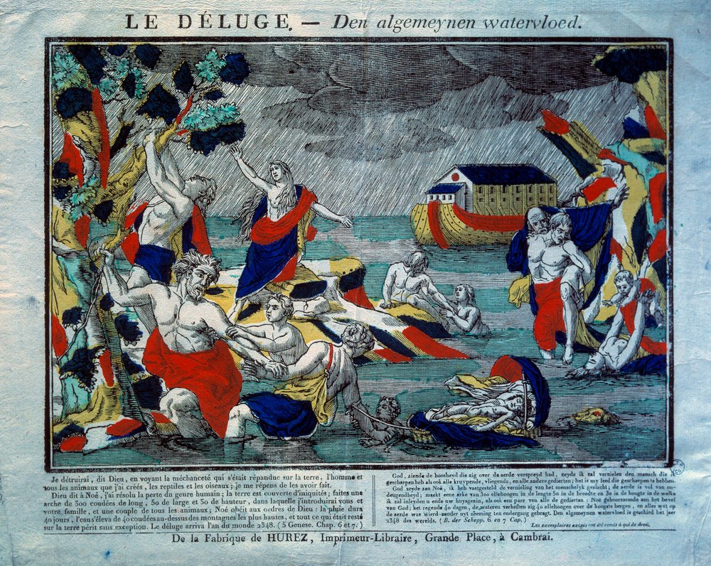 Potop, po prawej Arka Noego Rycina z XIX wieku. Paryż, Muzeum Sztuki ...
