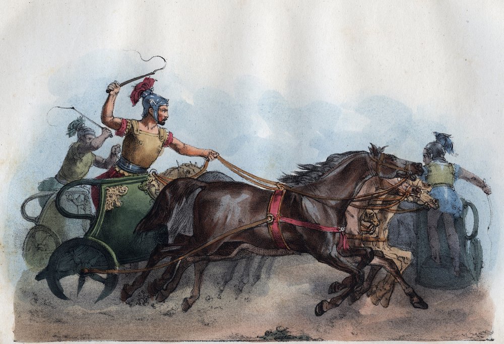Wyścig rydwanów rzymskich lub wyścig Biga (Bige) - grawerowanie z ...