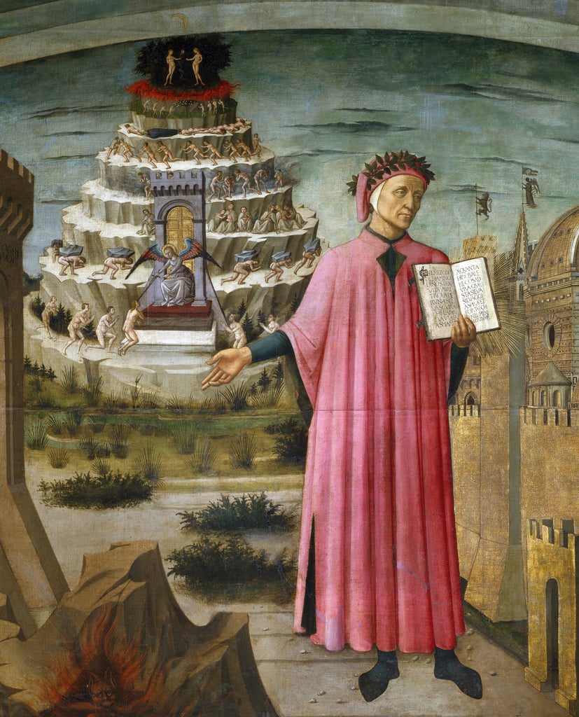 Dante Alighieri trzymający swój wiersz Boska Komedia. Niedaleko niego ...