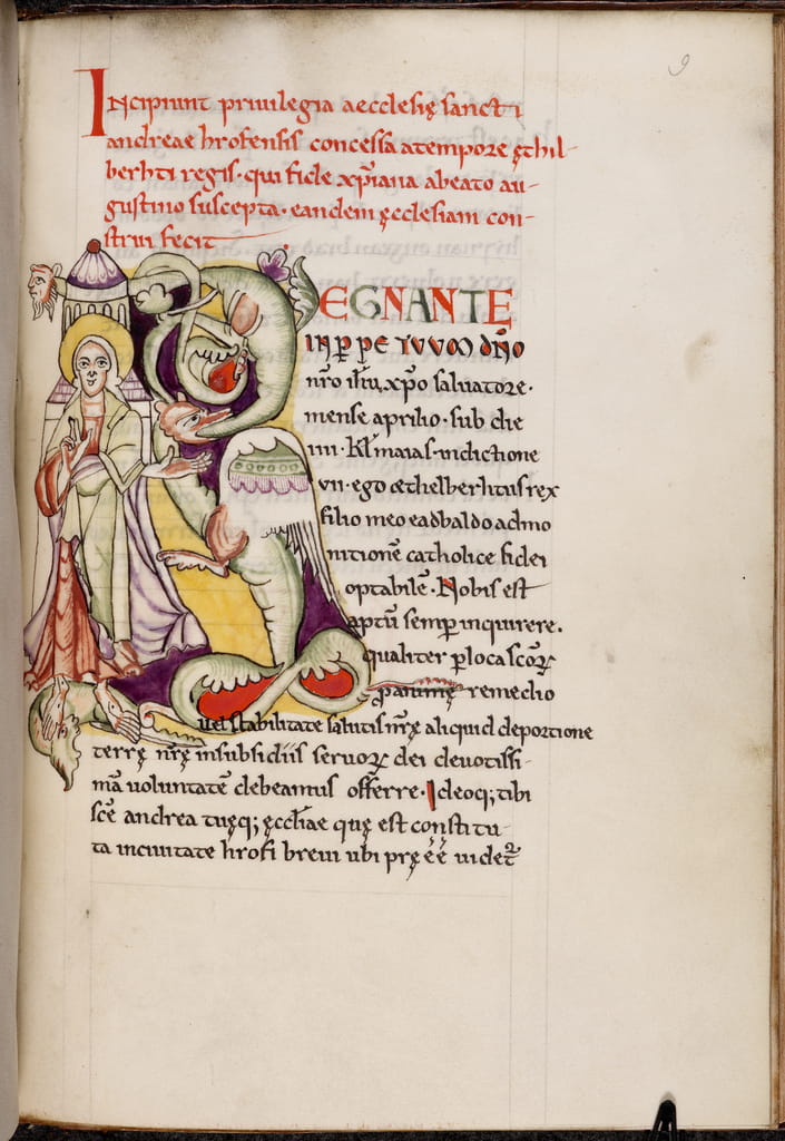 Historyczny inicjał „R” (egnante) z Chrystusem i smokiem, z Textus Roffensis, przed 1719 ...