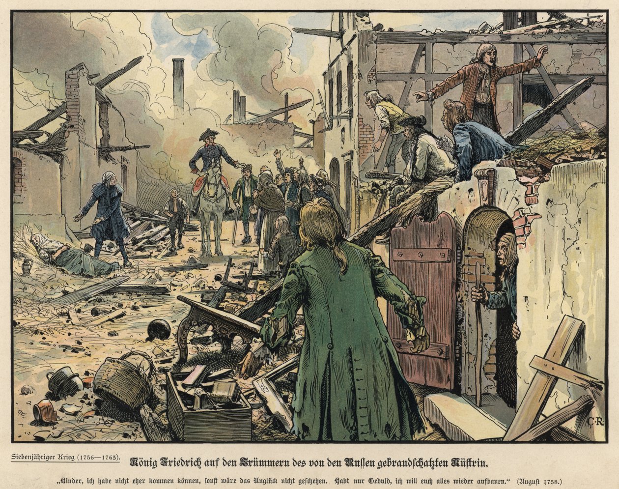 Fryderyk Wielki zwiedzający ruiny spalonego miasta Kustrin