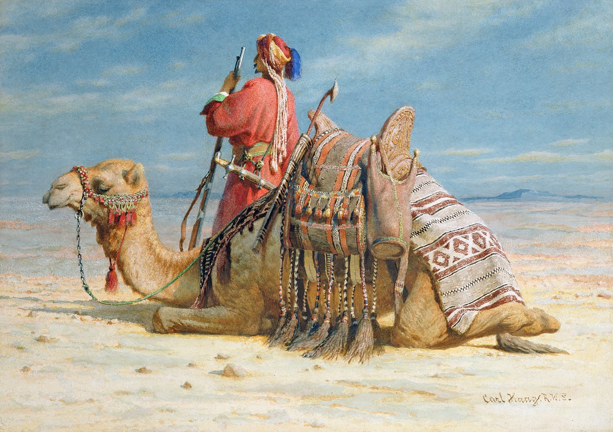 Koczownik i jego wielbłąd odpoczywający na pustyni, 1874