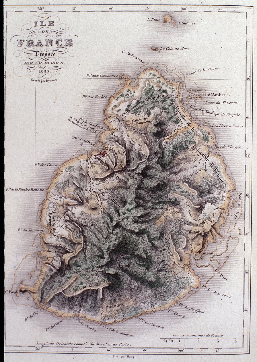 Mapa geograficzna Mauritiusa (Anc. Ile de France) - grawerowanie
