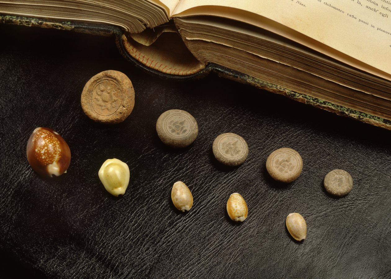 Pieniądze z muszli kauri i monety z terakoty z okresu Ayutthaya (muszla ...